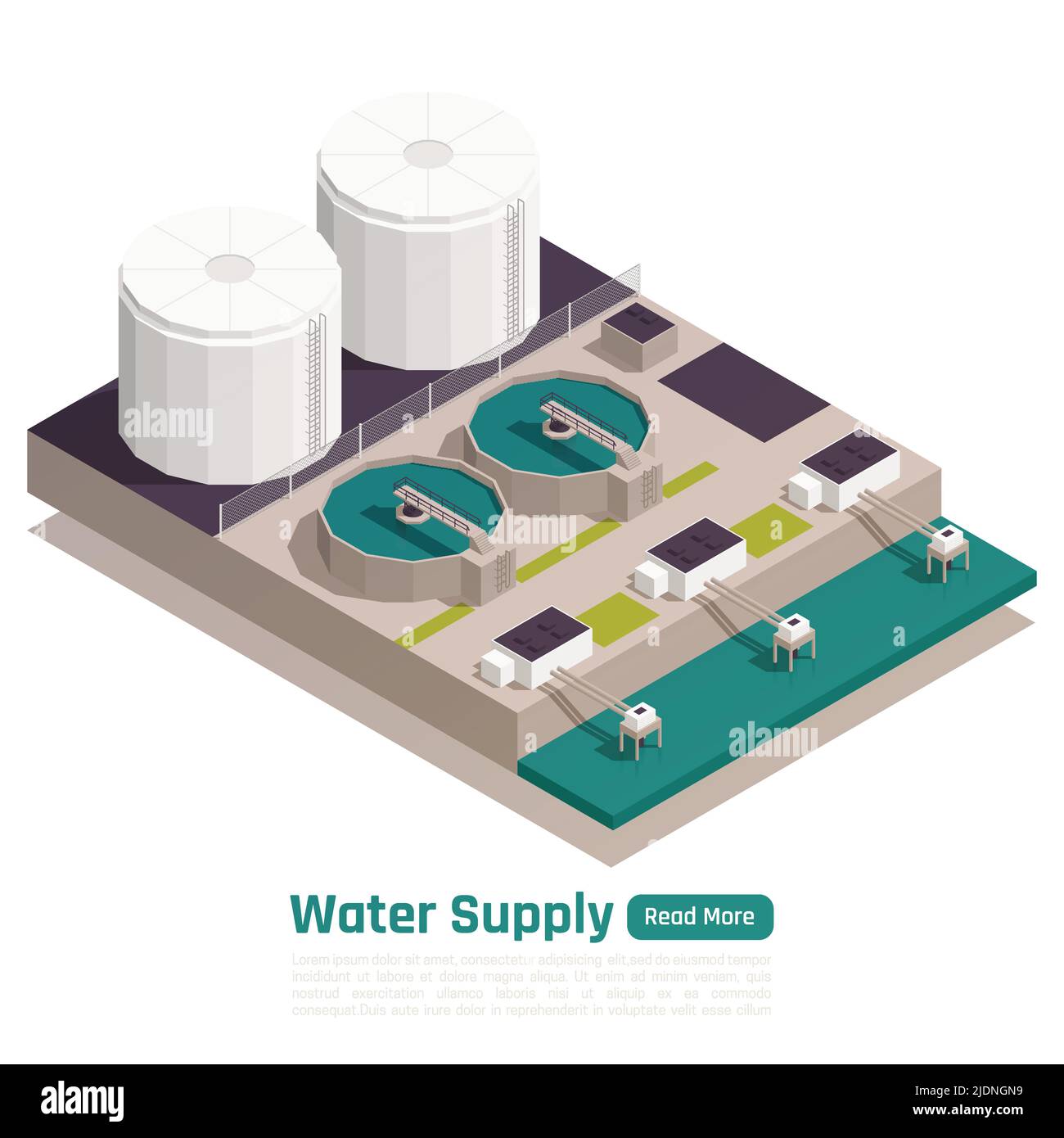 Water supply isometric background with text and view of purification ...
