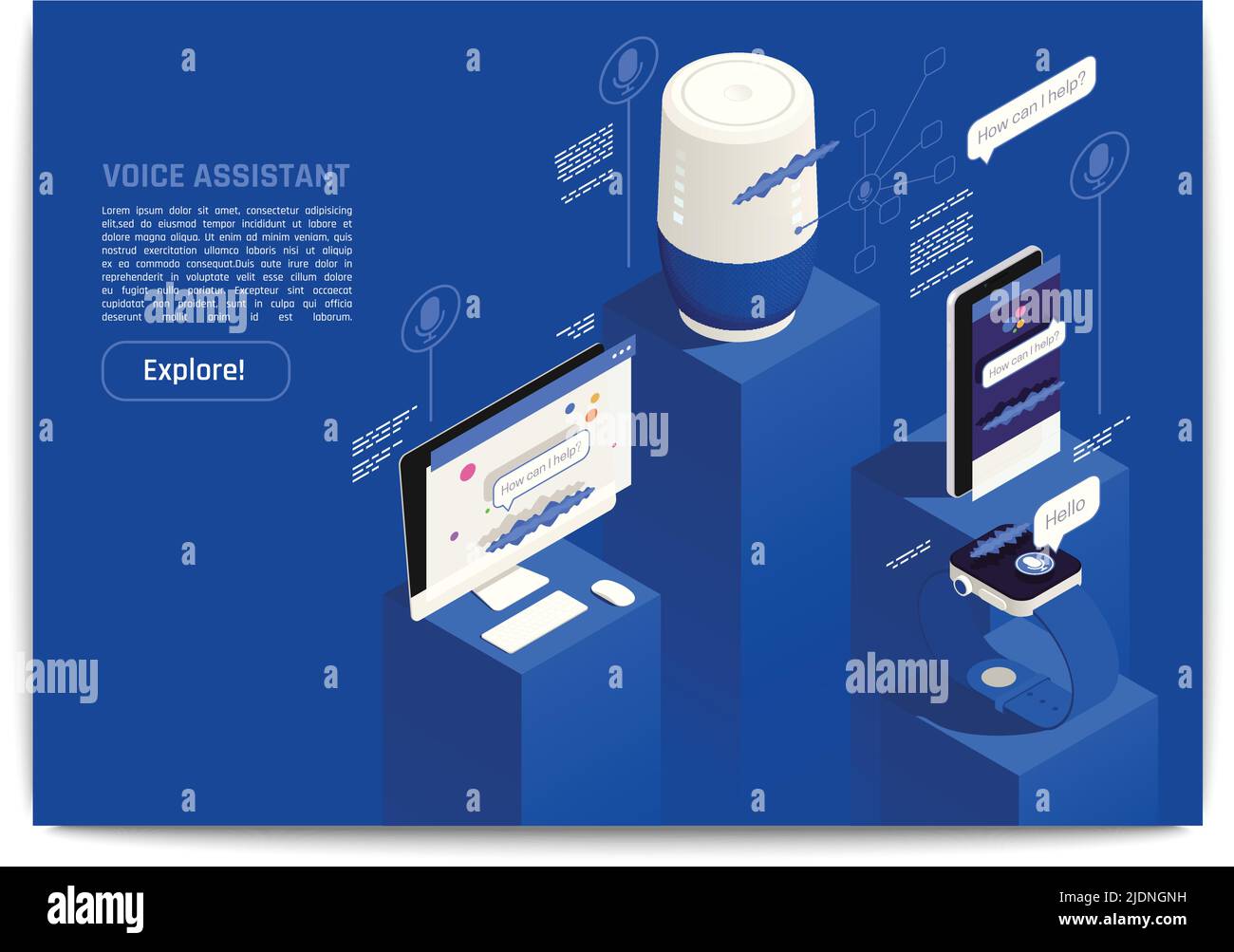 Personal voice assistant home automation isometric web page design with ...