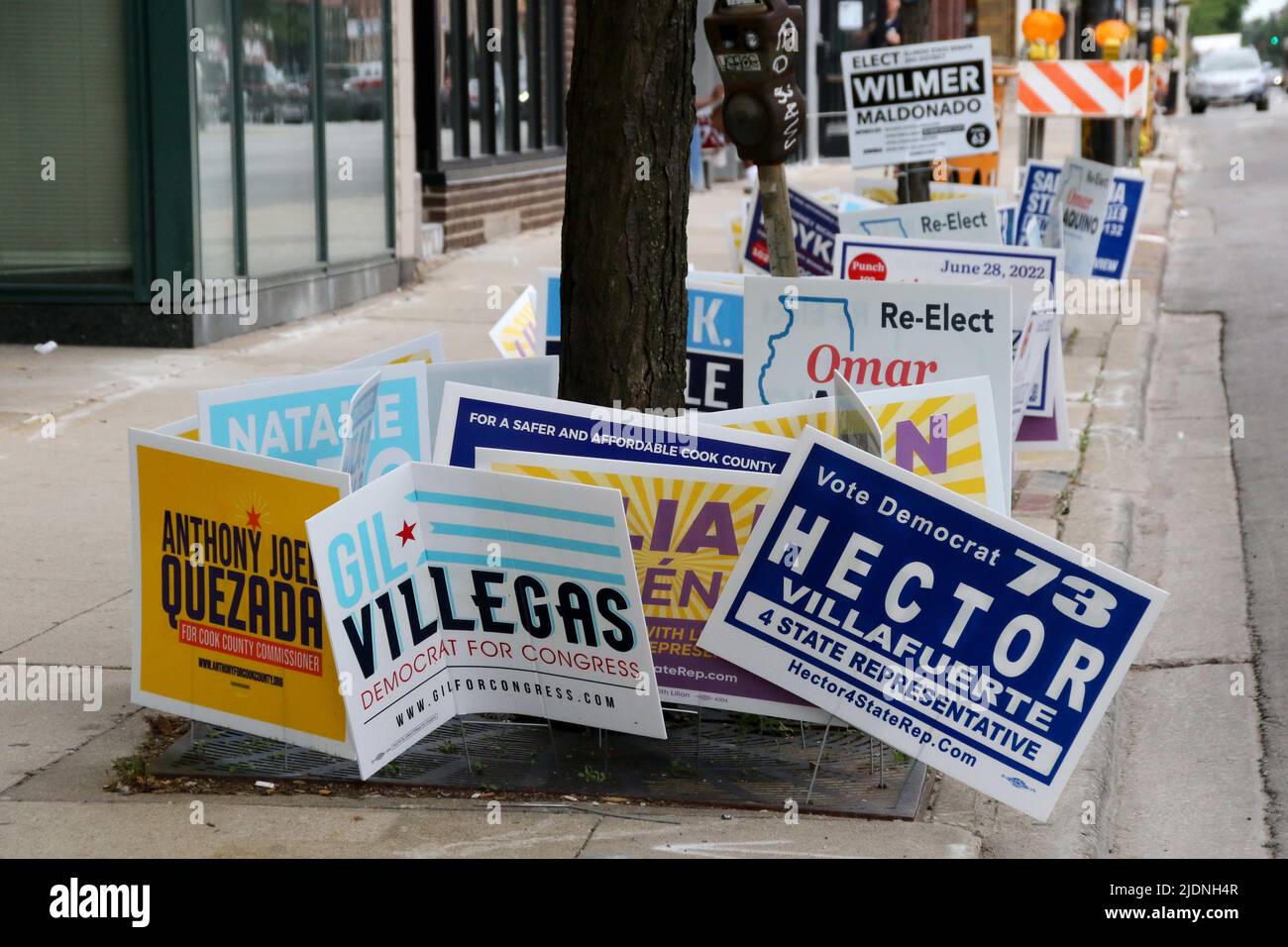 Chicago, USA. 22nd June, 2022. Campaign signs crowd the sidewalk in ...