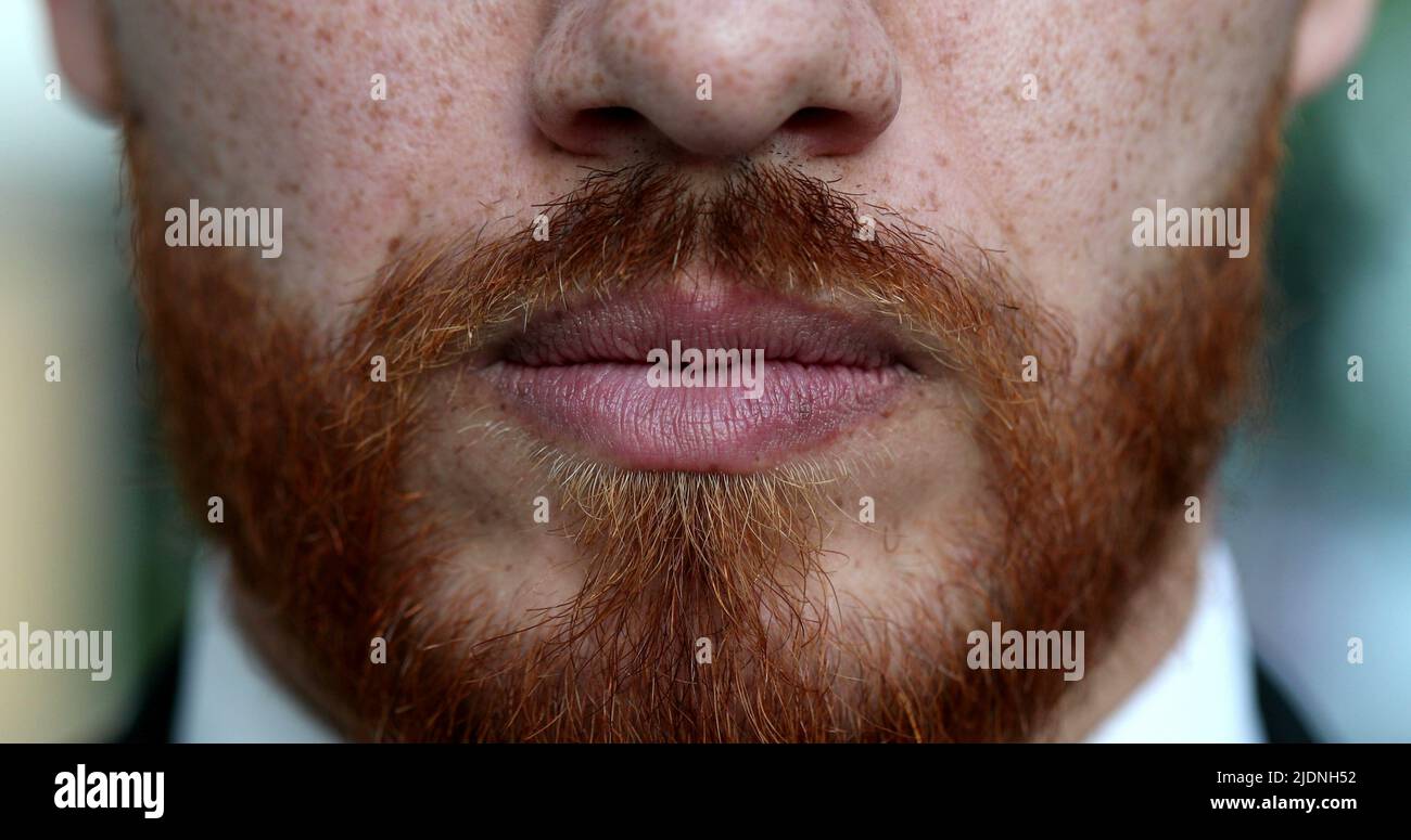 Angry man emotion, close-up person lips and mouth changing mood ...