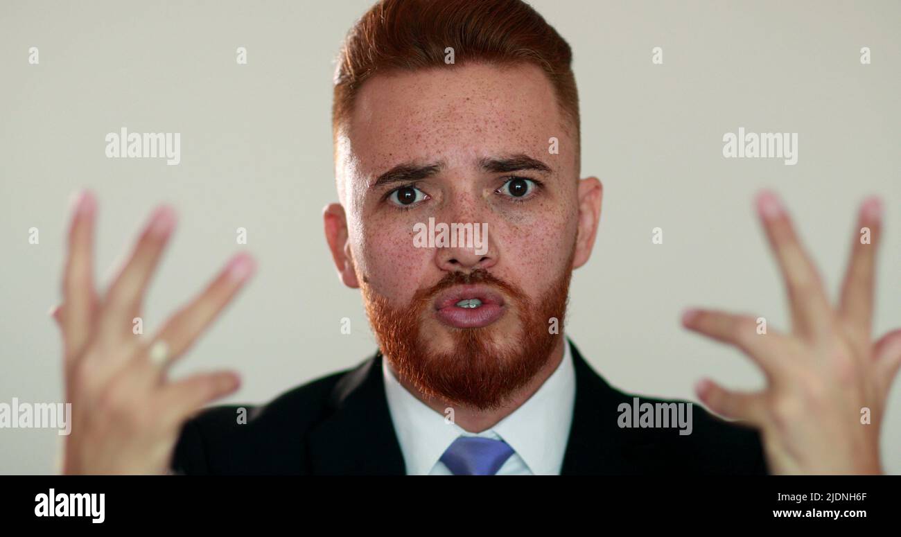 Angry man talking to camera, upset irish looking person arguing Stock ...