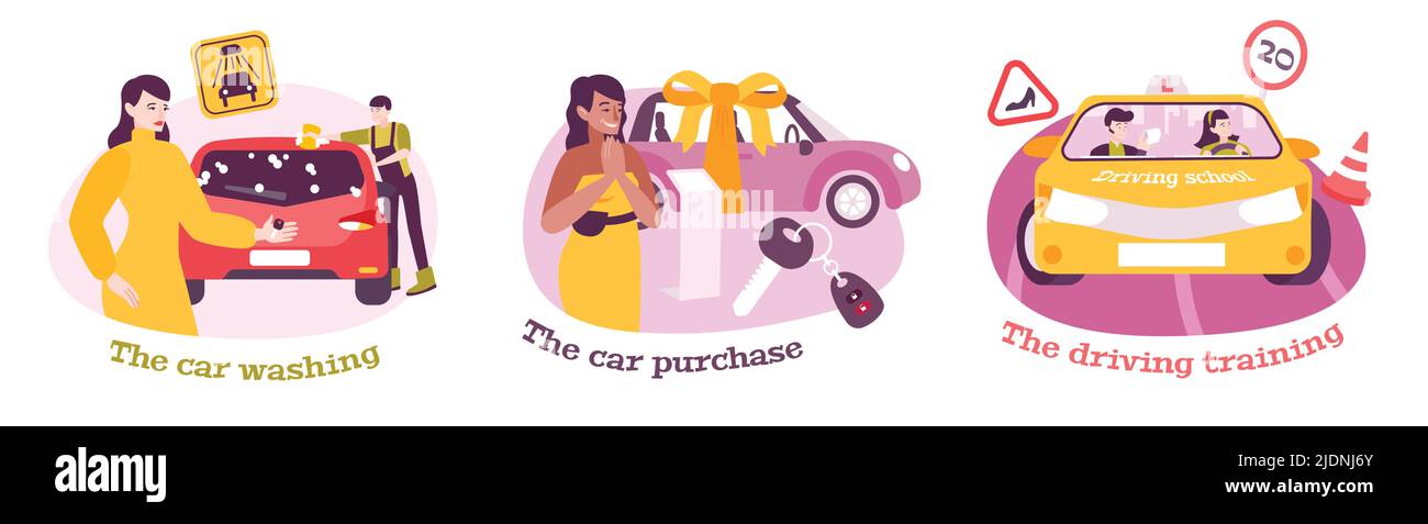 Woman driving set of three compositions with flat human characters road ...