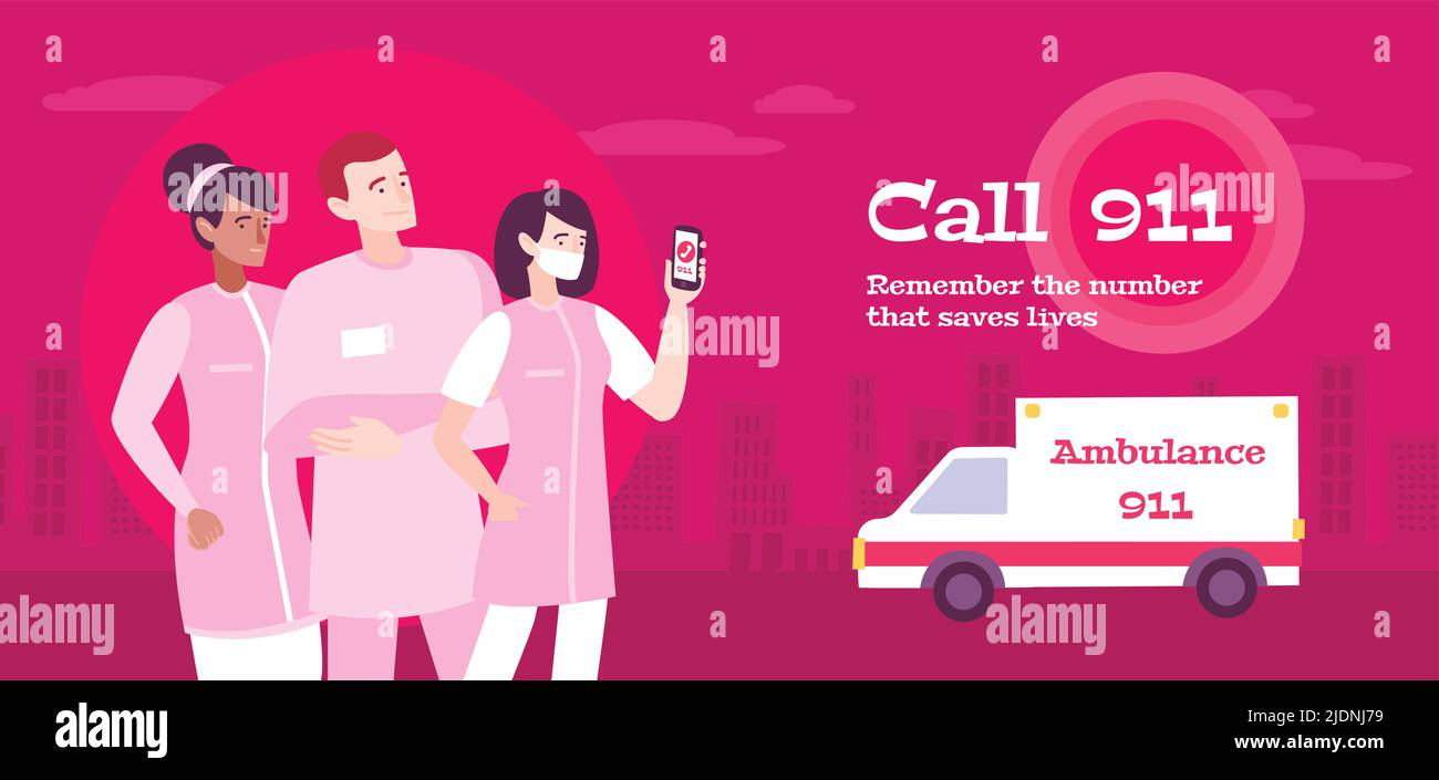 First aid horizontal banner with flat images of ambulance car team of ...