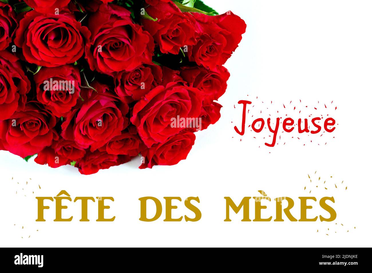 Bouquet of red roses. Inscription "Happy Mother's Day" in French Stock ...