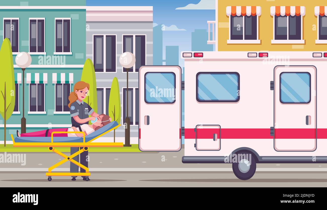Paramedic emergency ambulance cartoon composition with urban outdoor ...