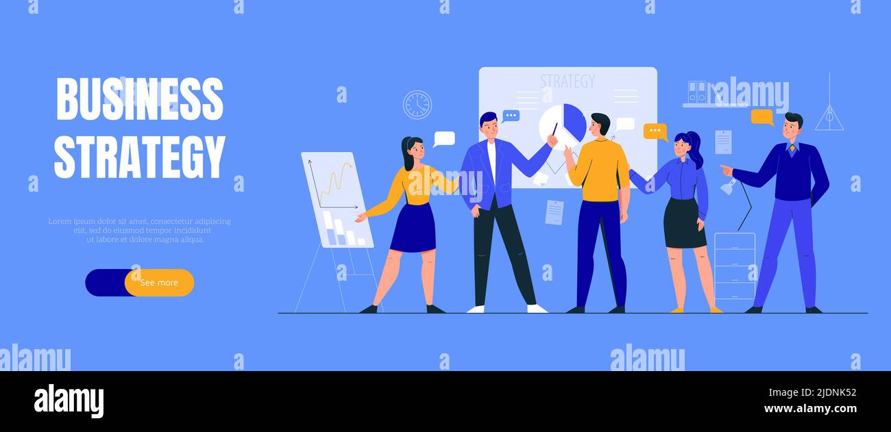 Office scenes horizontal banner with business strategy headline and see ...