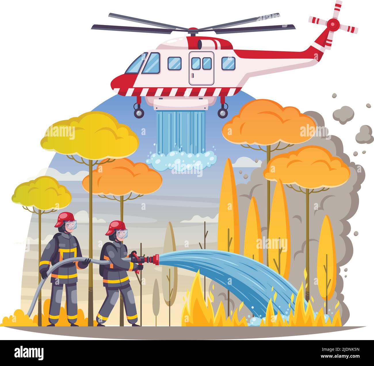 Firefighters cartoon composition with outdoor landscape and burning ...