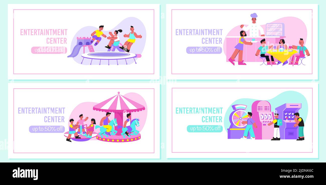 Entertainment center 4 flat info banners with trampoline snack bar ...