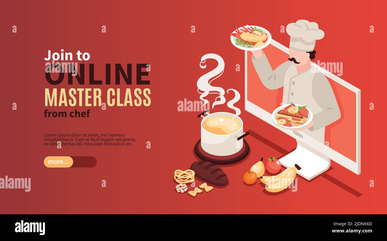Isometric cooking school blog horizontal banner with character of cook ...