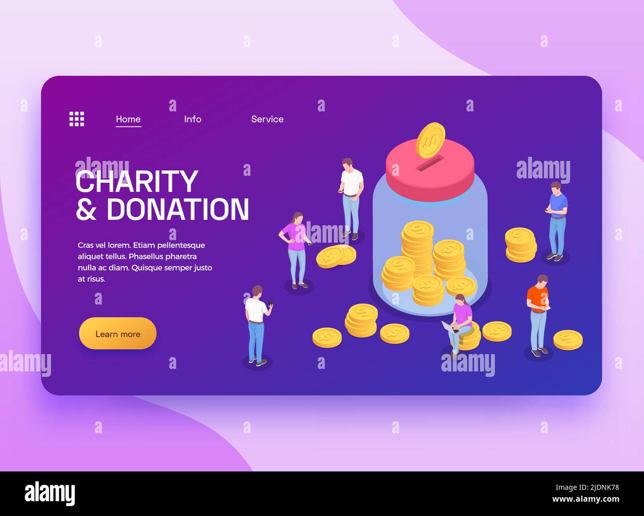 Charity donation volunteering isometric landing page with text ...