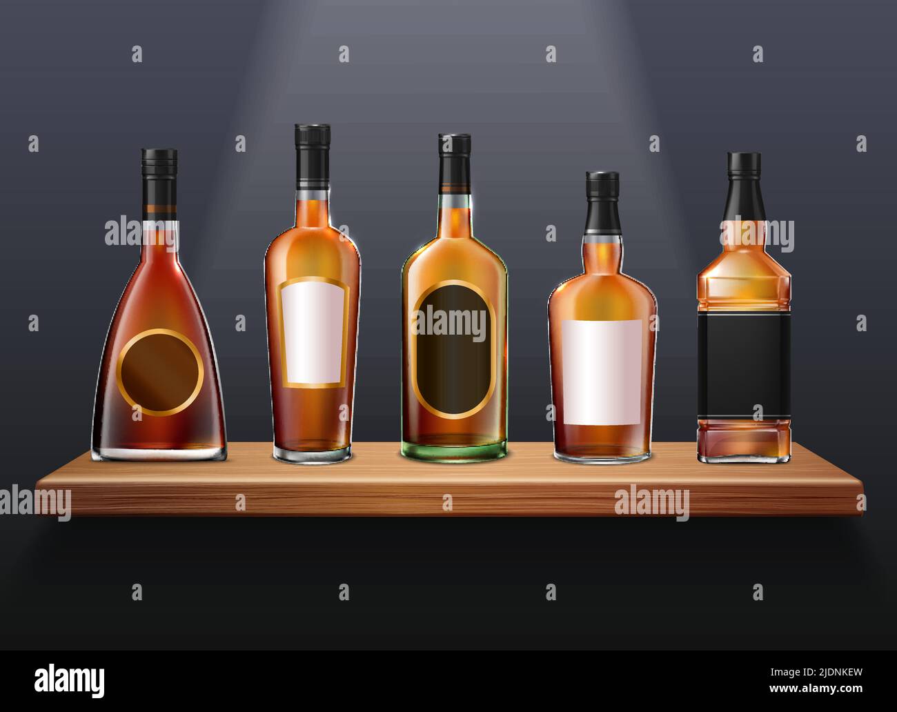 Brandy cognac whiskey set of realistic glass bottles of different shape on wooden shelf with ...