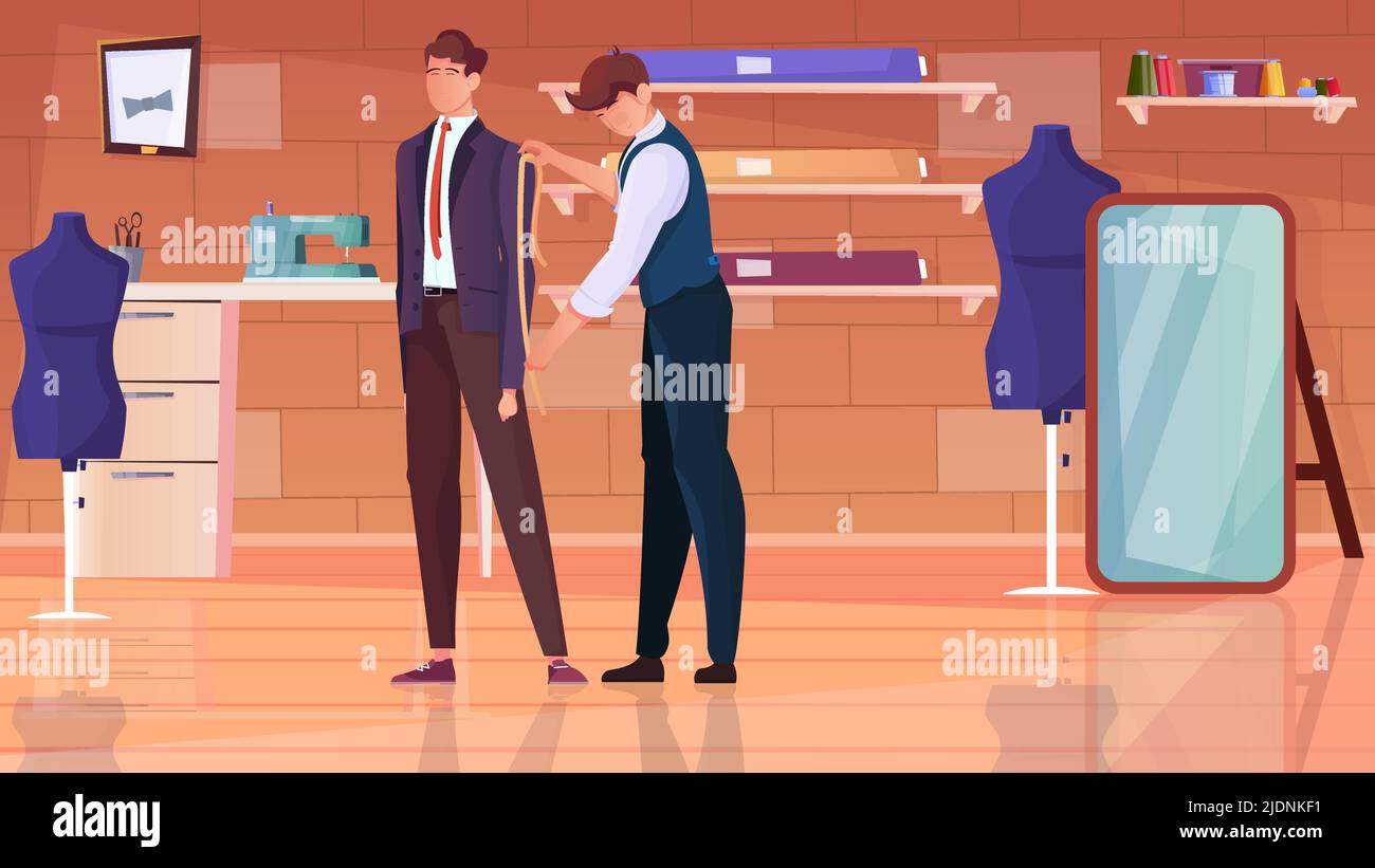 Tailoring atelier flat background with professional tailor taking ...