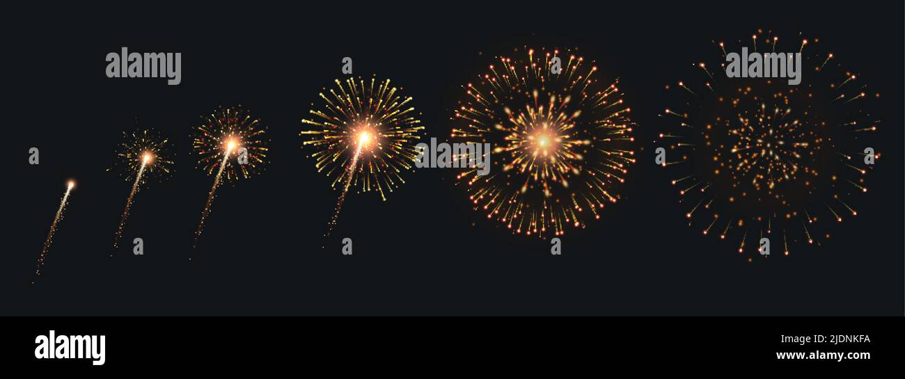 Pyrotechnics and fireworks set with animation on black background ...