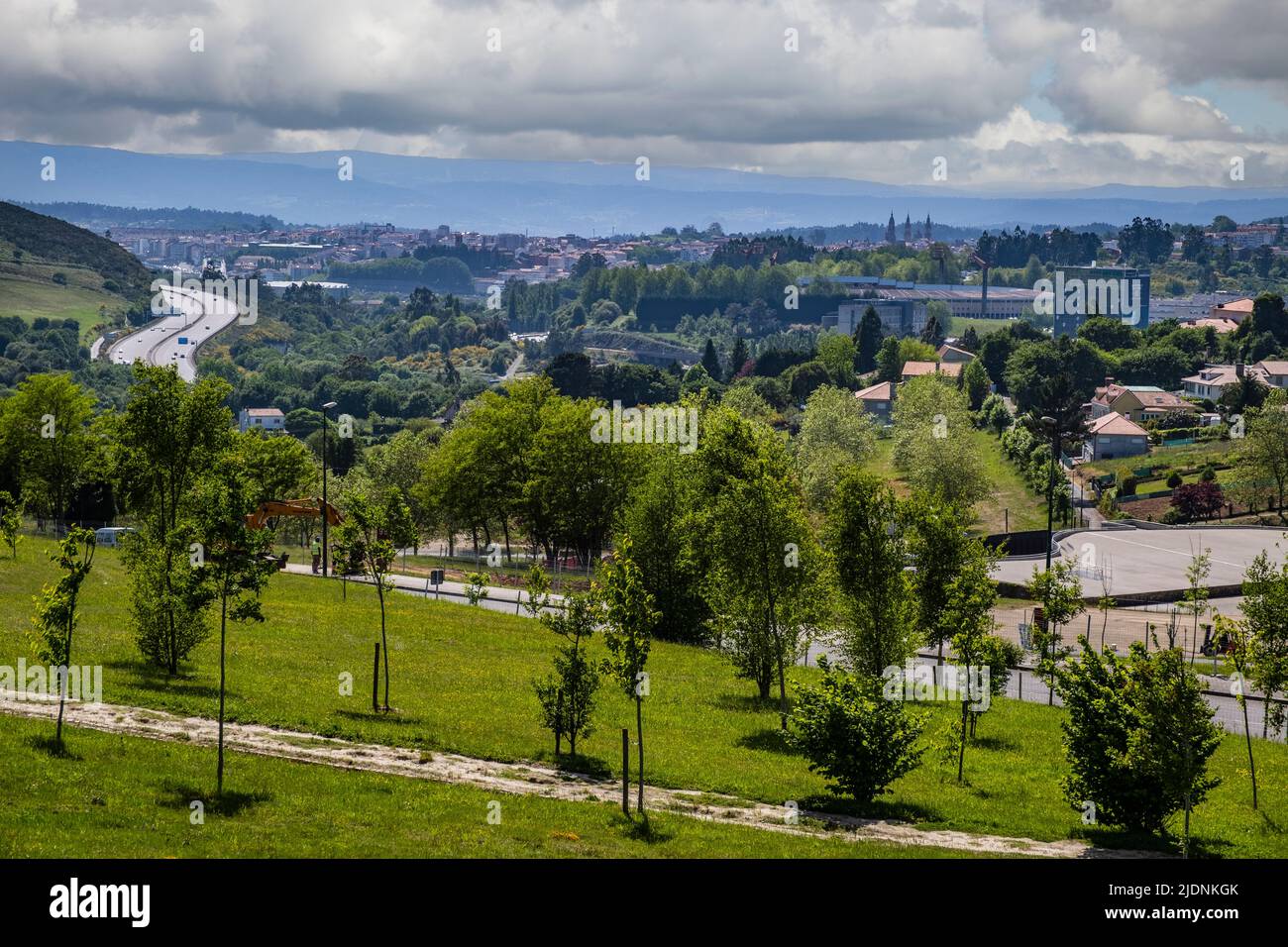 Spain, Santiago de Compostela. First View of the Cathedral (right of ...