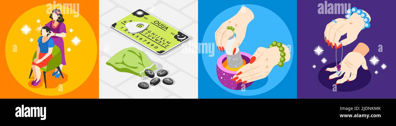 Magical services isometric design concept with 4x1 set of square ...