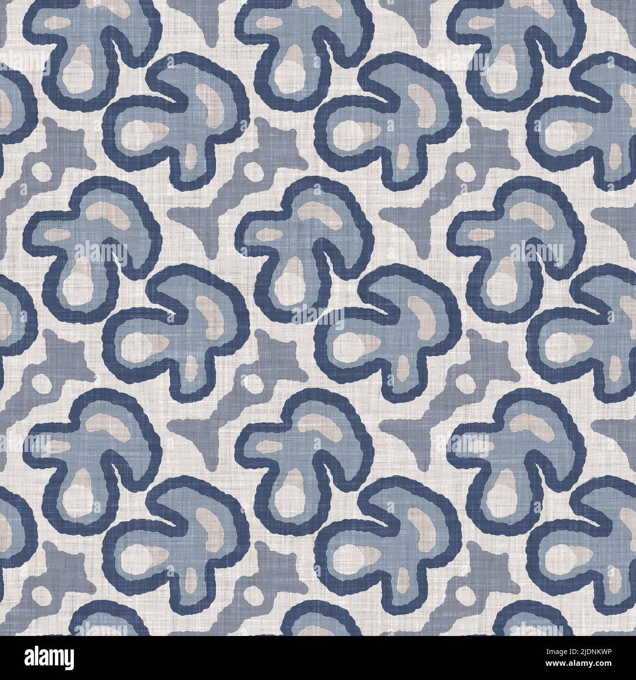 French blue doodle motif linen seamless pattern. Tonal country cottage ...