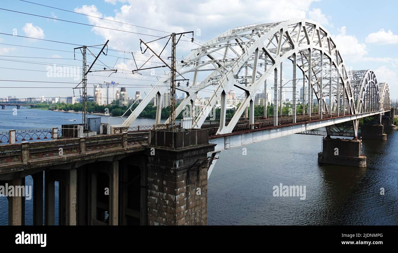 Kiev, Ukraine July 12, 2020: railway bridge over the Dnieper river ...