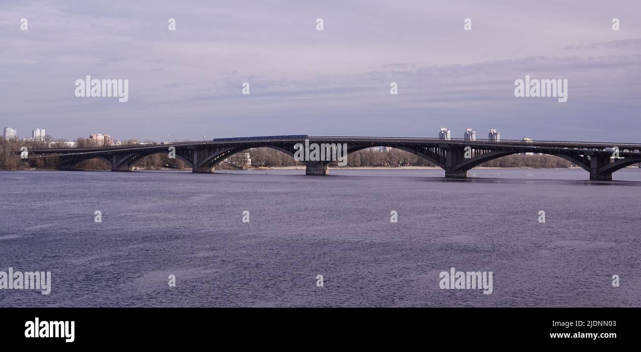 Kiev, Ukraine March 13, 2020: Metro bridge in the city of Kiev. Ukraine ...