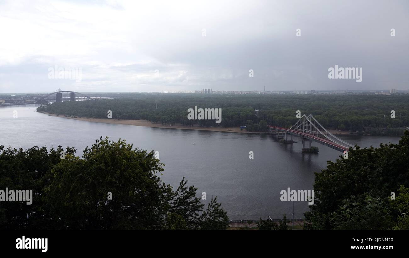 Kiev, Ukraine July 12, 2019: Park pedestrian bridge on Trukhanov Island ...
