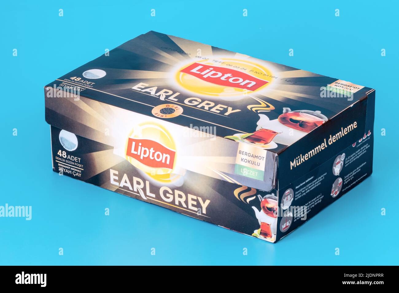 25 May 2022, Antalya, Turkey: Packaging of tea bags of the world-famous ...