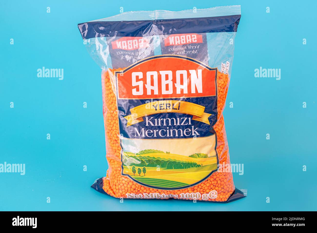 25 May 2022, Antalya, Turkey: Turkish Saban brand package wtih red ...