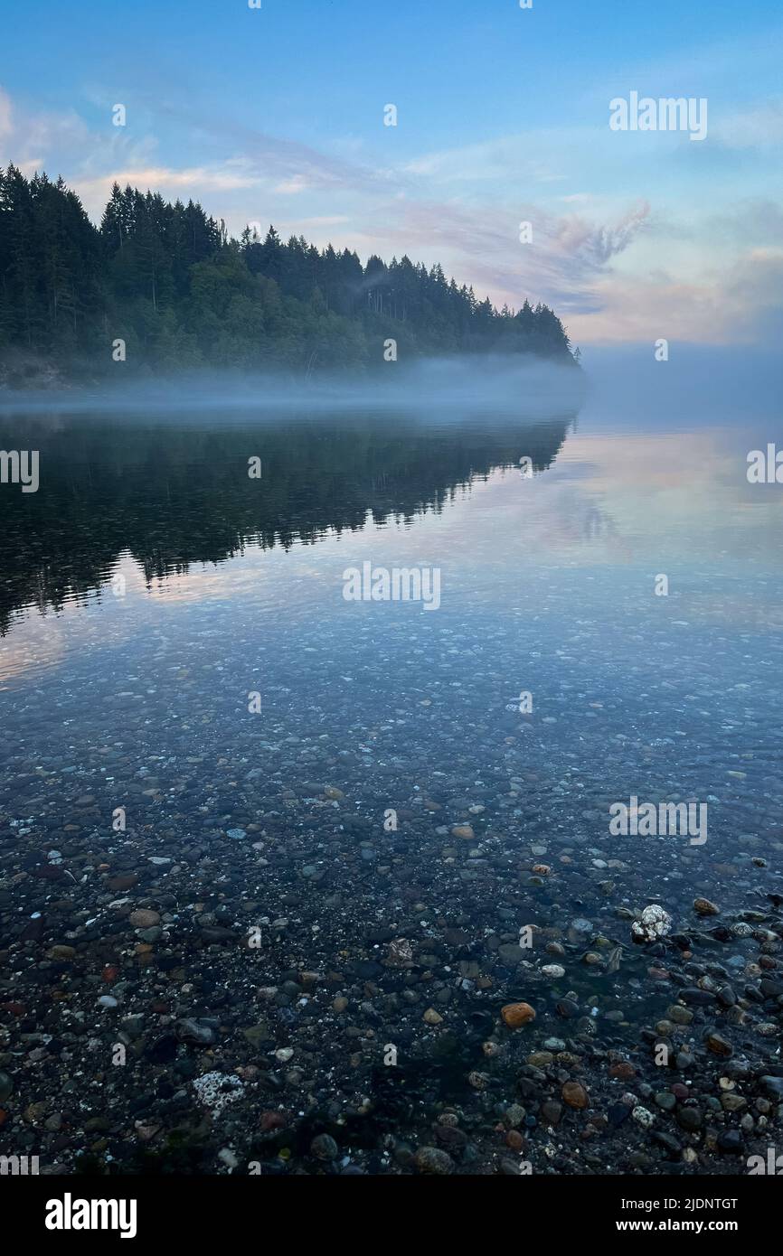 Evening mist over glassy water at the Lisa Beulla tidal basin, Vashon ...
