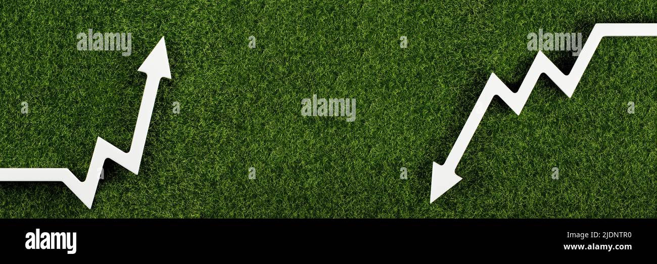 White chart arrow on green grass points up. Business development symbol ...