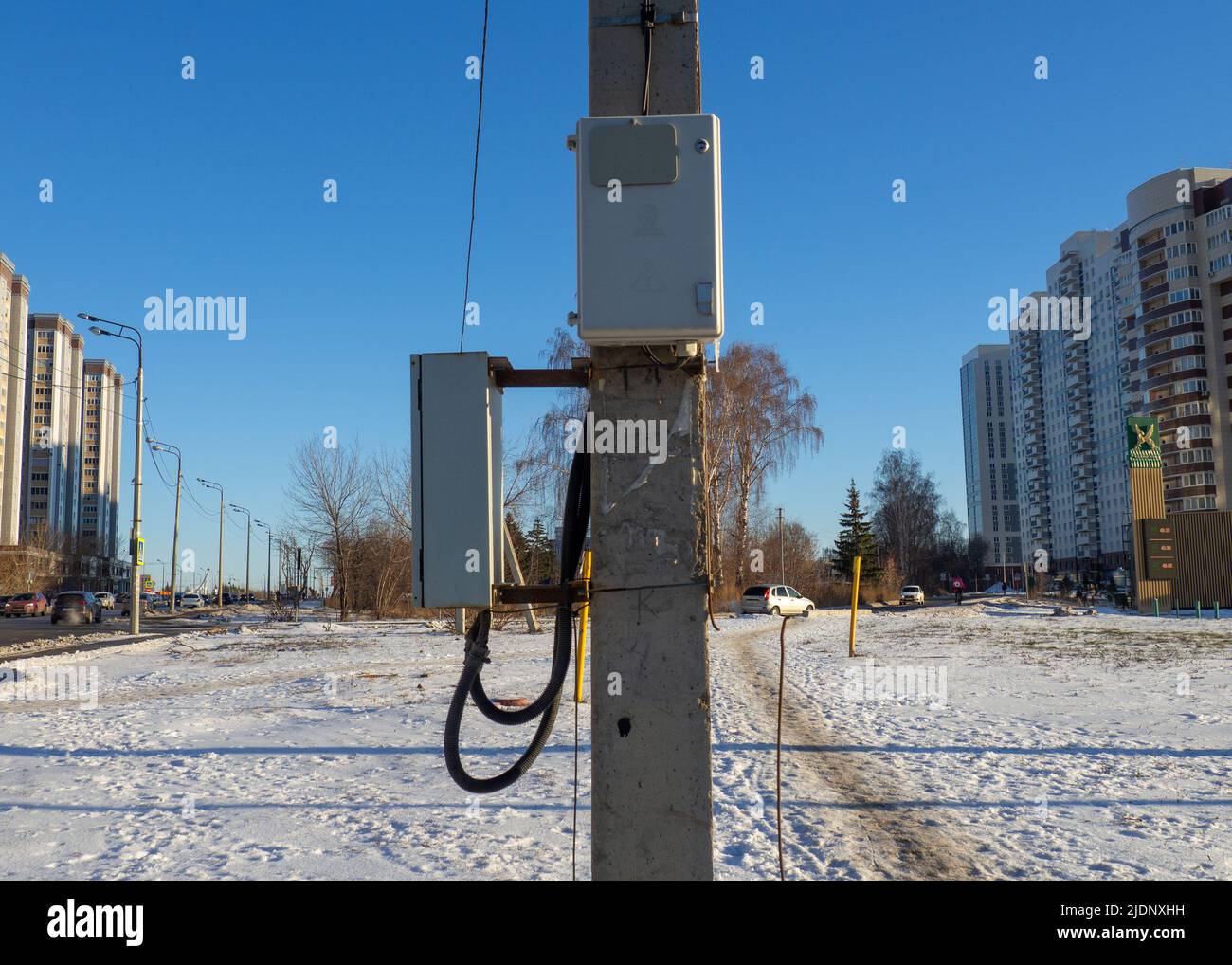 Electric panel on the pole. Technology in the city. Electrification ...