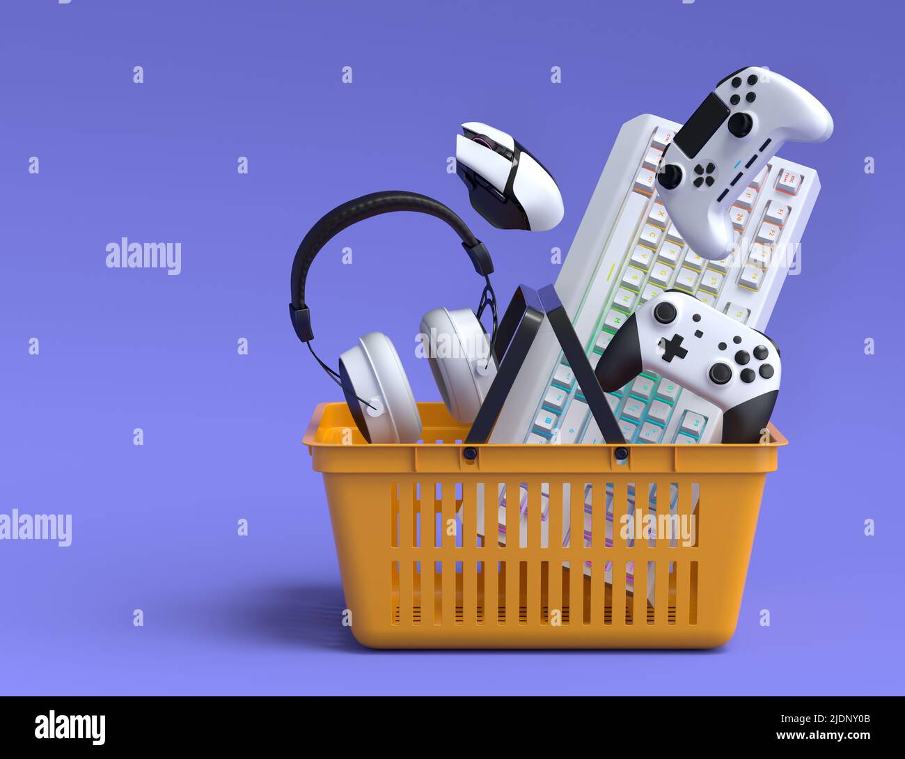 Flying gamer gears like mouse, keyboard, joystick, headset, VR Headset ...