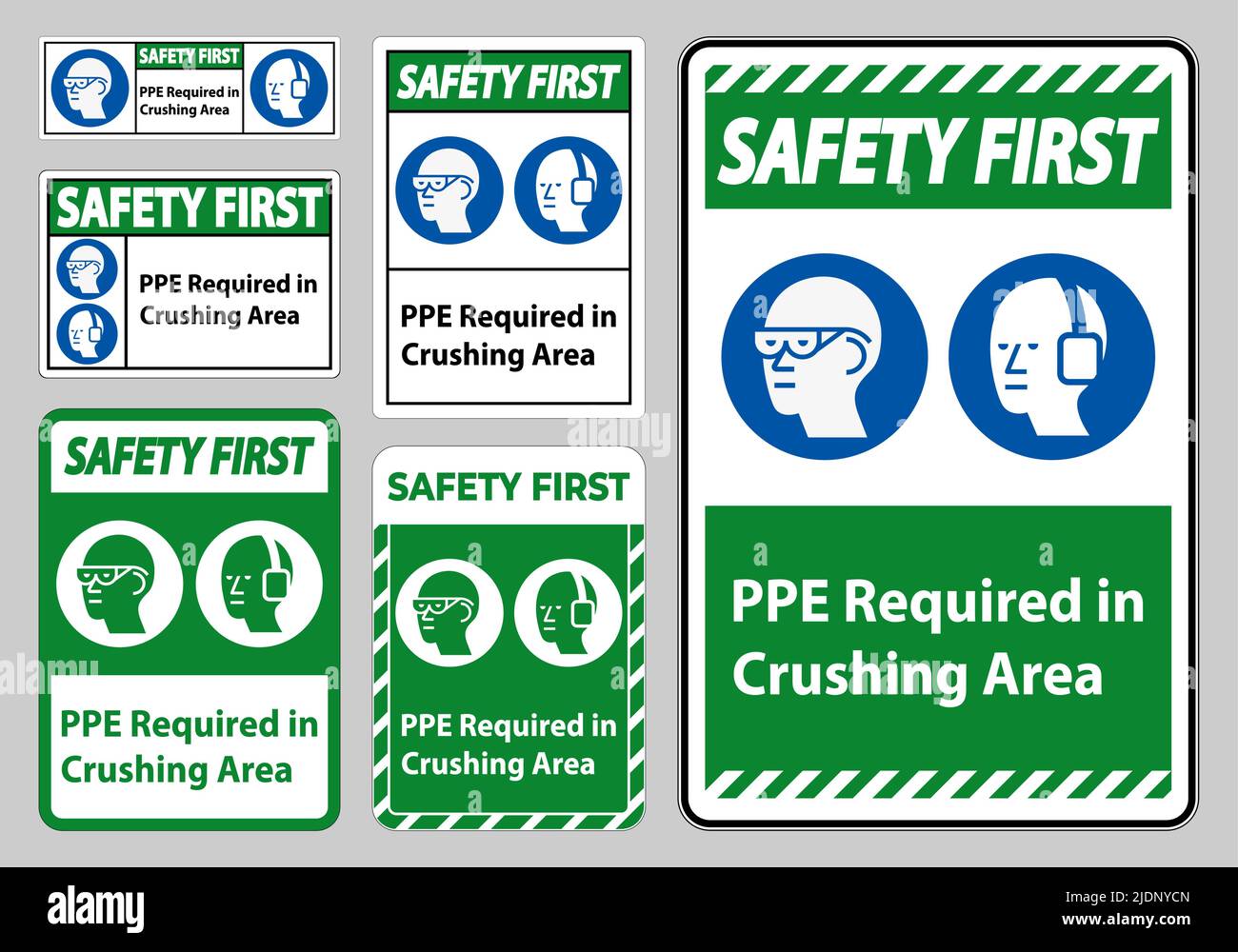 Safety First Sign PPE Required In Crushing Area Isolate on White ...