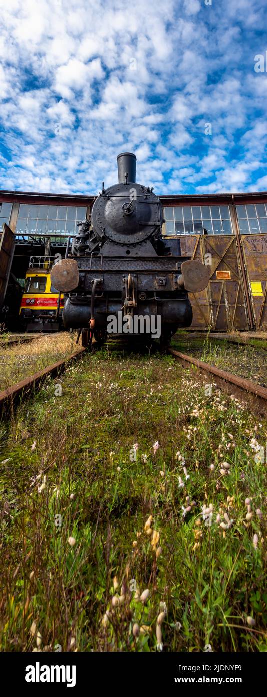 A steam locomotive standing outside of historic locomotive shed. The ...