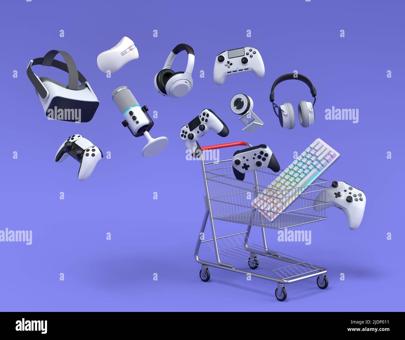 Flying gamer gears like mouse, keyboard, joystick, headset, VR Headset ...