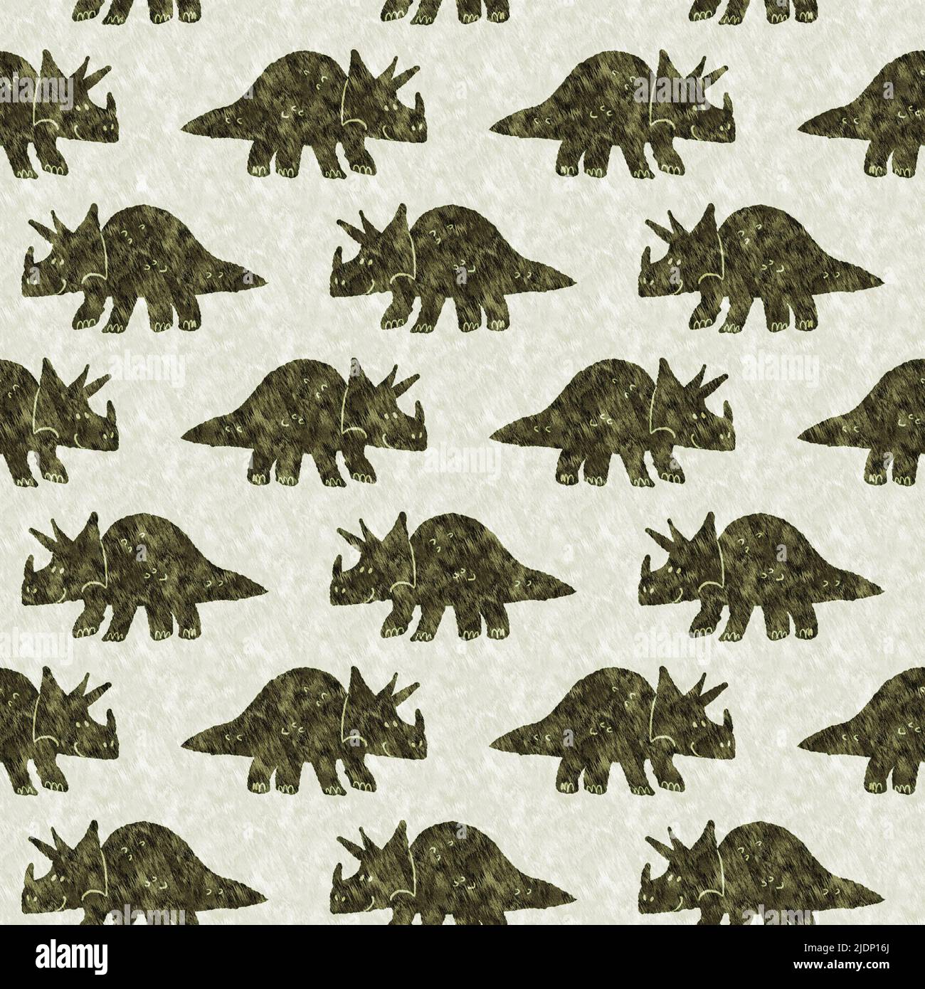 Green hand drawn triceratops dinosaur seamless pattern. Gender Neutral ...