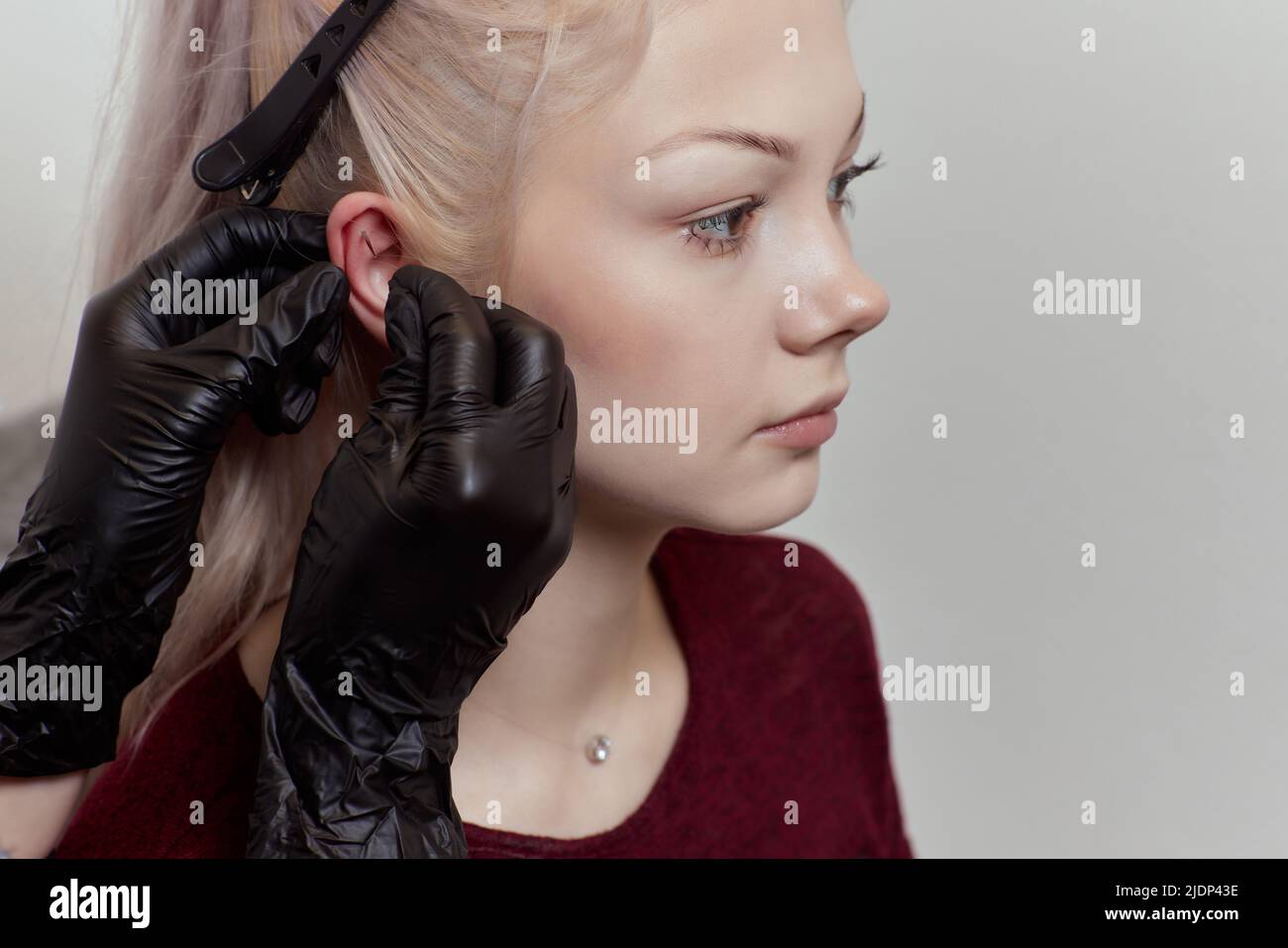 piercings on an ear. Conch and helix piercings close up. Professional ...