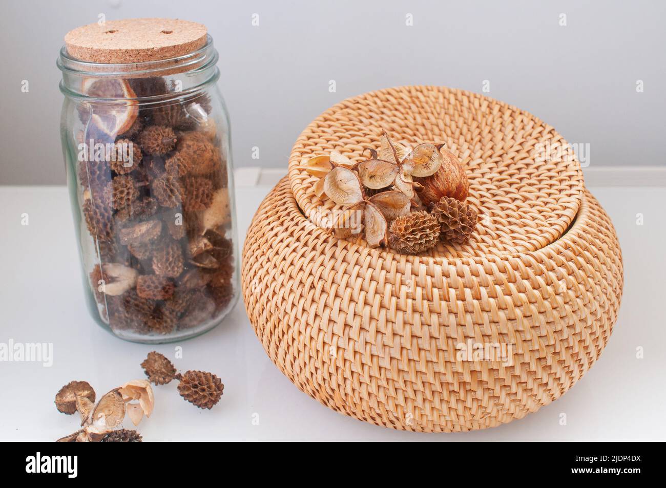 wicker straw box craft round on top with dried flowers and lavender on ...