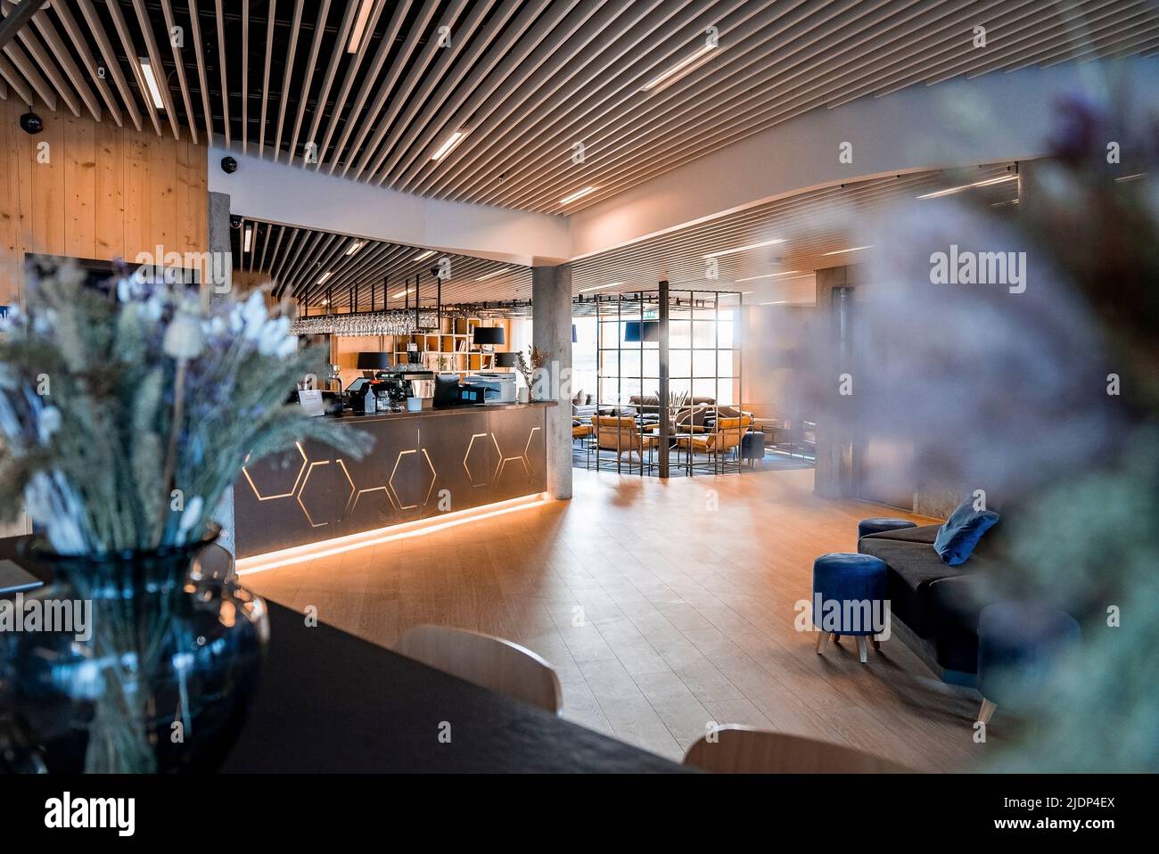 Interior of elegant style illuminated decorated restaurant at luxurious ...