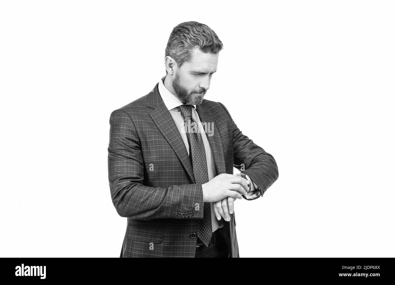 Professional man in formal suit check time by wrist watch isolated on ...