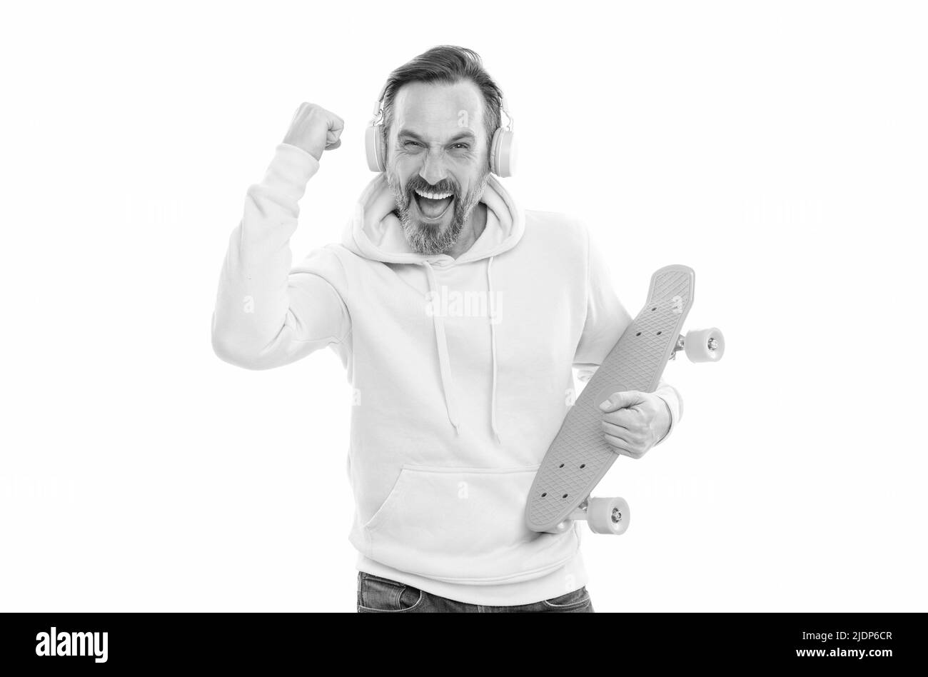 Happy Man Listen Music In Headphones Hold Penny Skateboard Isolated On