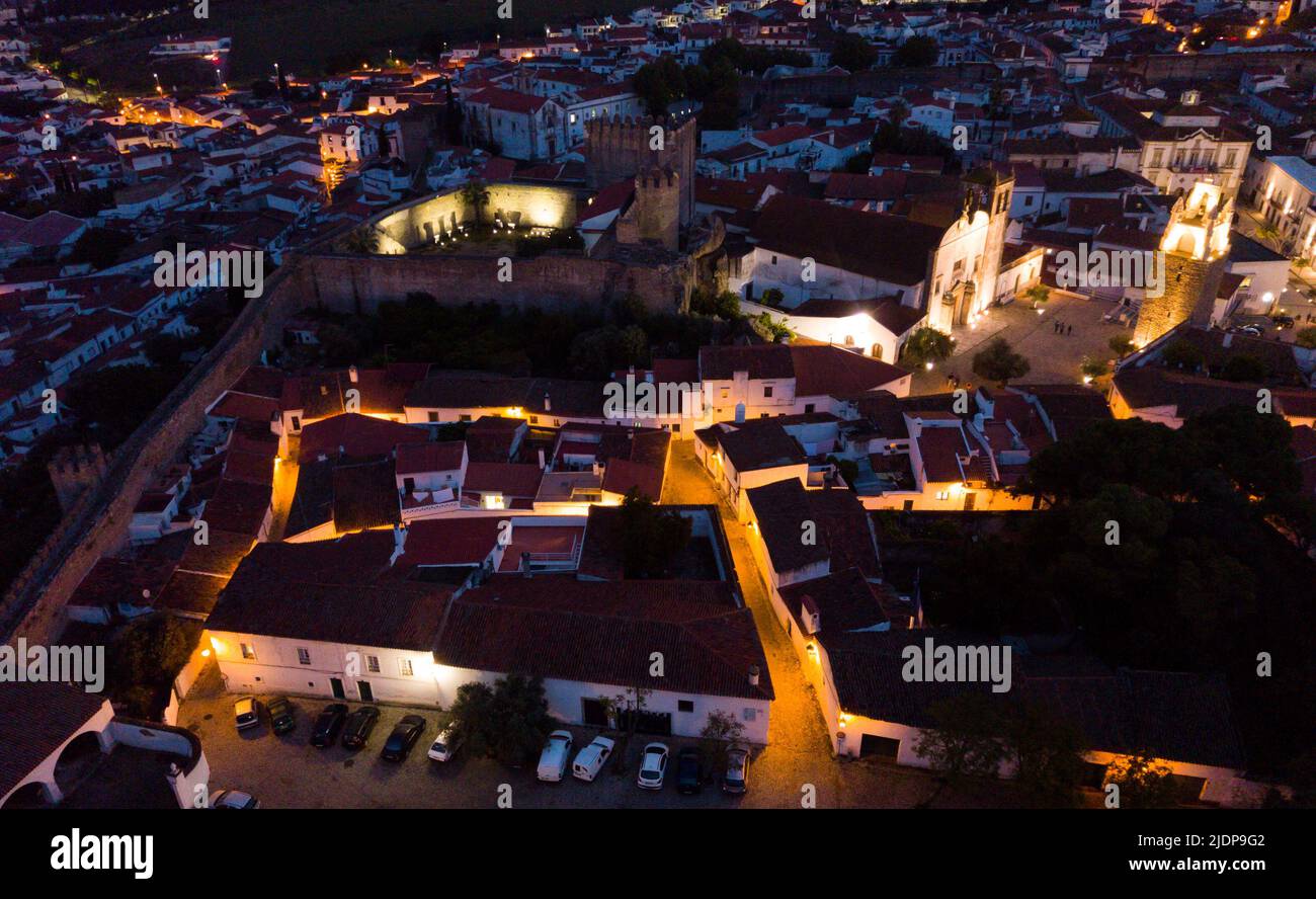 Aerial view of Sepra with Castle and Clock Tower at night Stock Photo ...