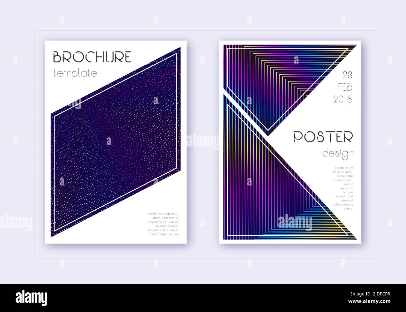 Triangle cover design template set. Rainbow abstract lines on dark blue ...