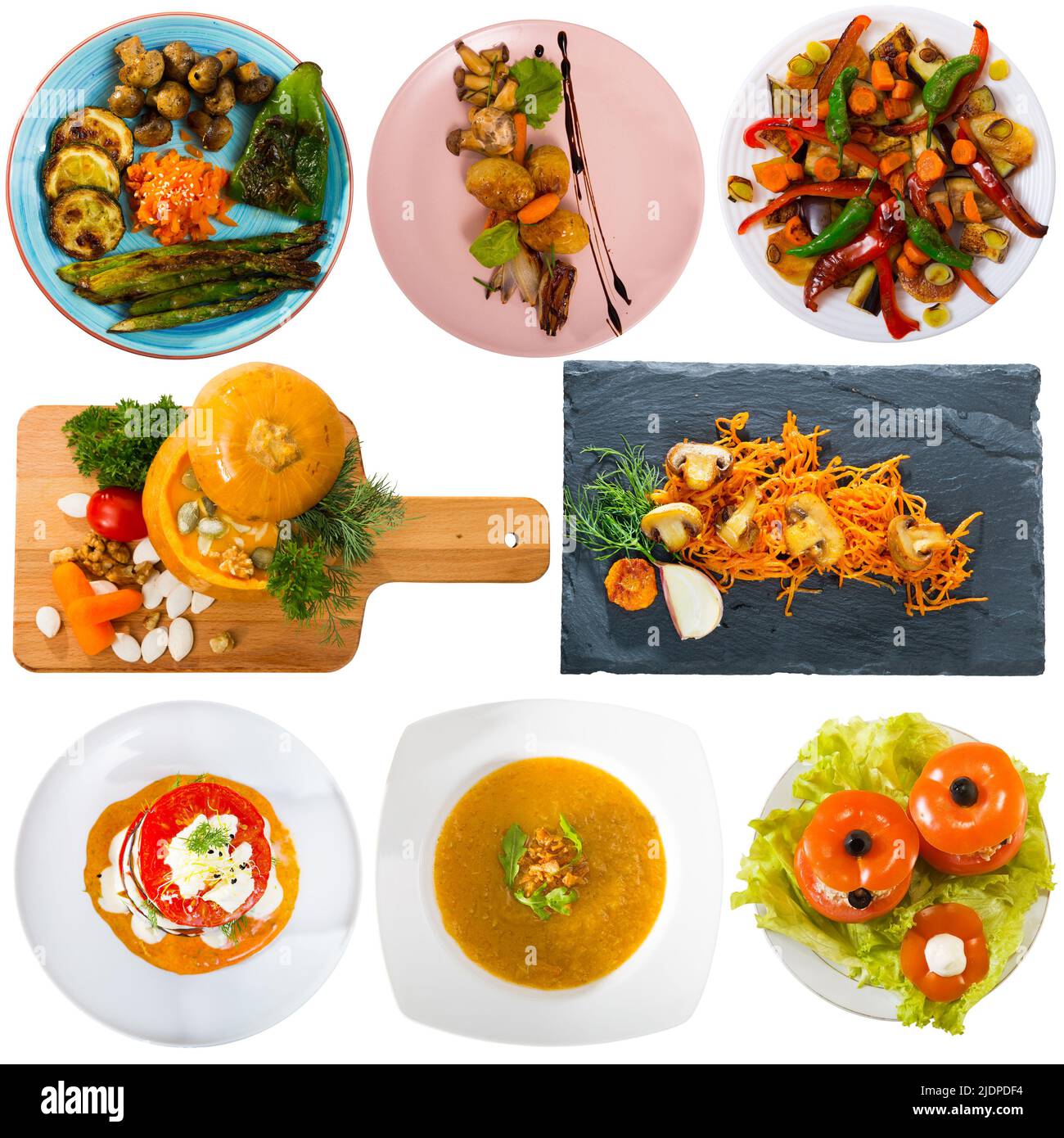Set of various appetizing dishes with vegetables isolated on white ...