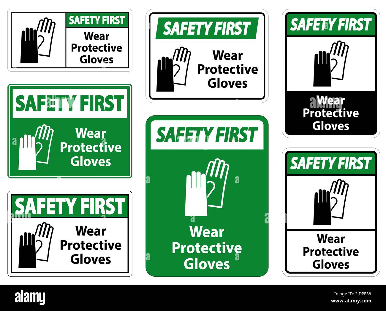 Safety First Wear protective gloves sign on white background Stock ...