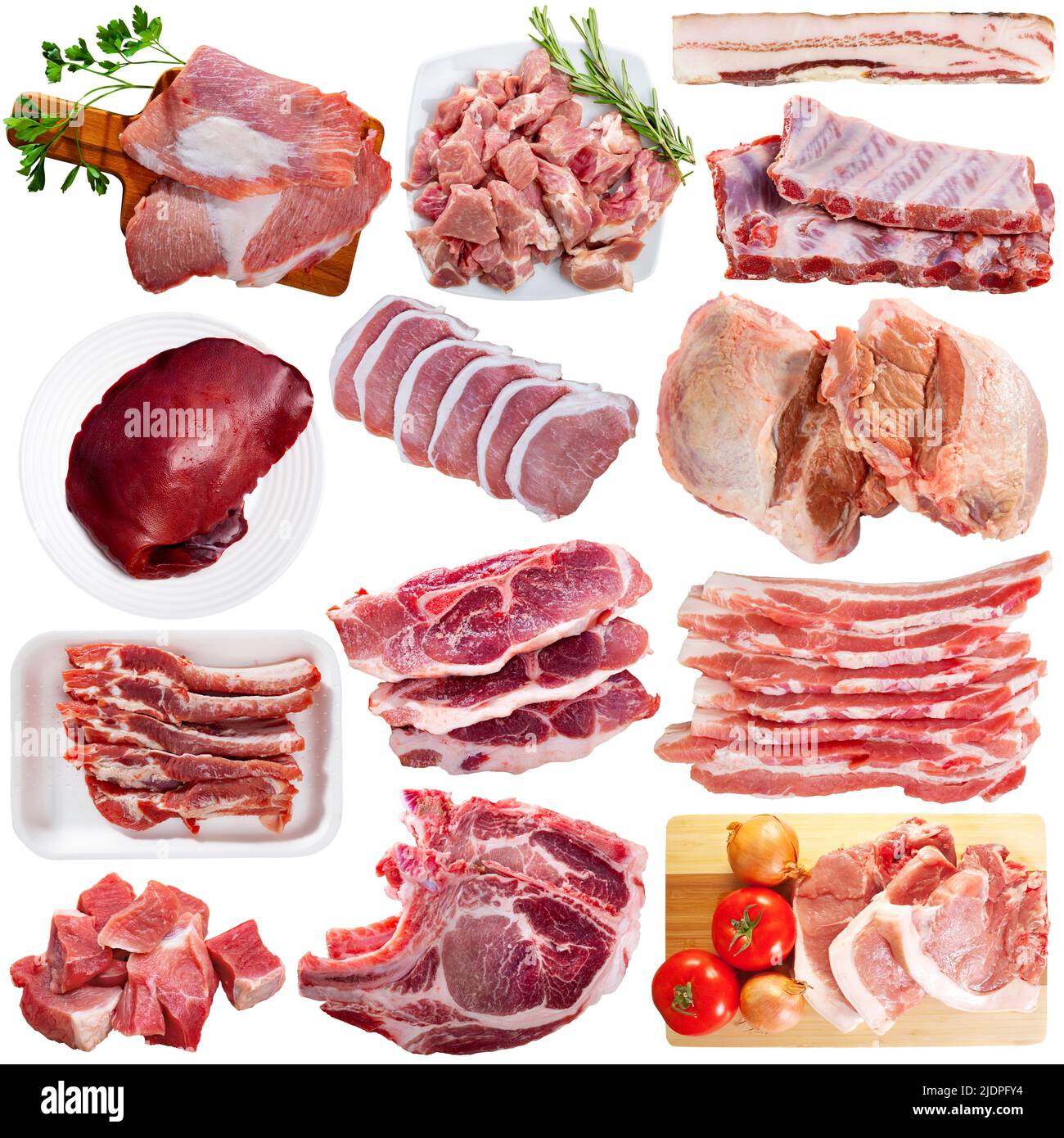 Collection of raw pork meat isolated on white Stock Photo - Alamy