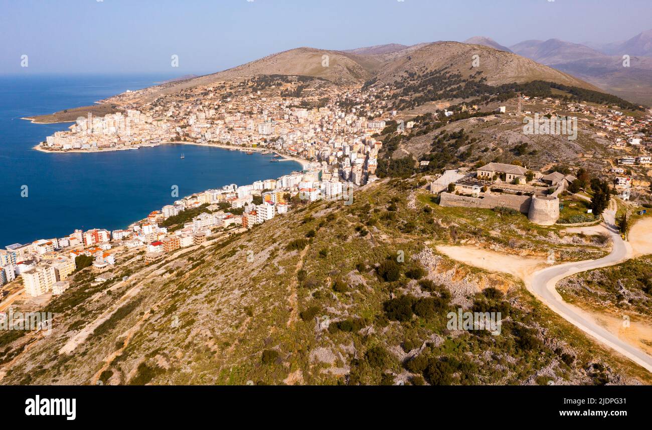 Bird's eye view of Saranda, city in Albanian Riviera Stock Photo - Alamy