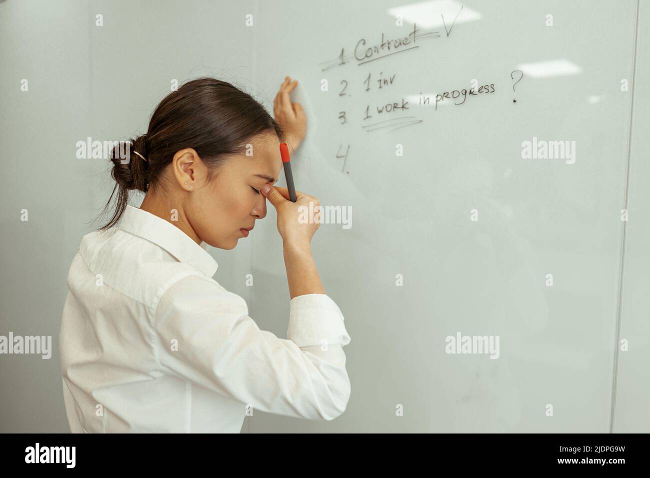 Tired asian business woman work on project planning flipboard Stock ...