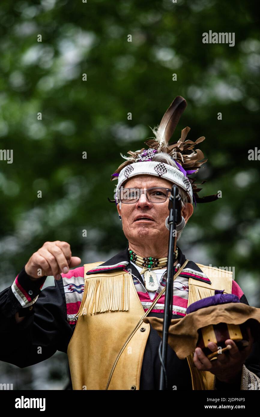 Ka'nahsohon "Kevin" Deer, a Mohawk Faithkeeper from Kahnawake, offers ...