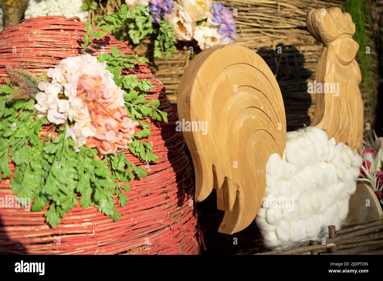 Decoration made of wood. Details of park figure. Festive background for ...