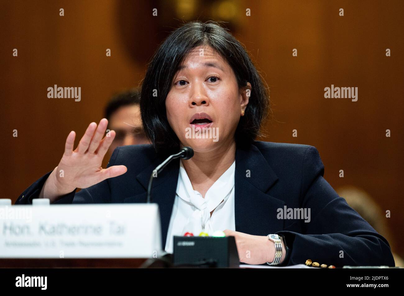 U.S. Trade Representative Katherine Tai speaking at a hearing of the ...