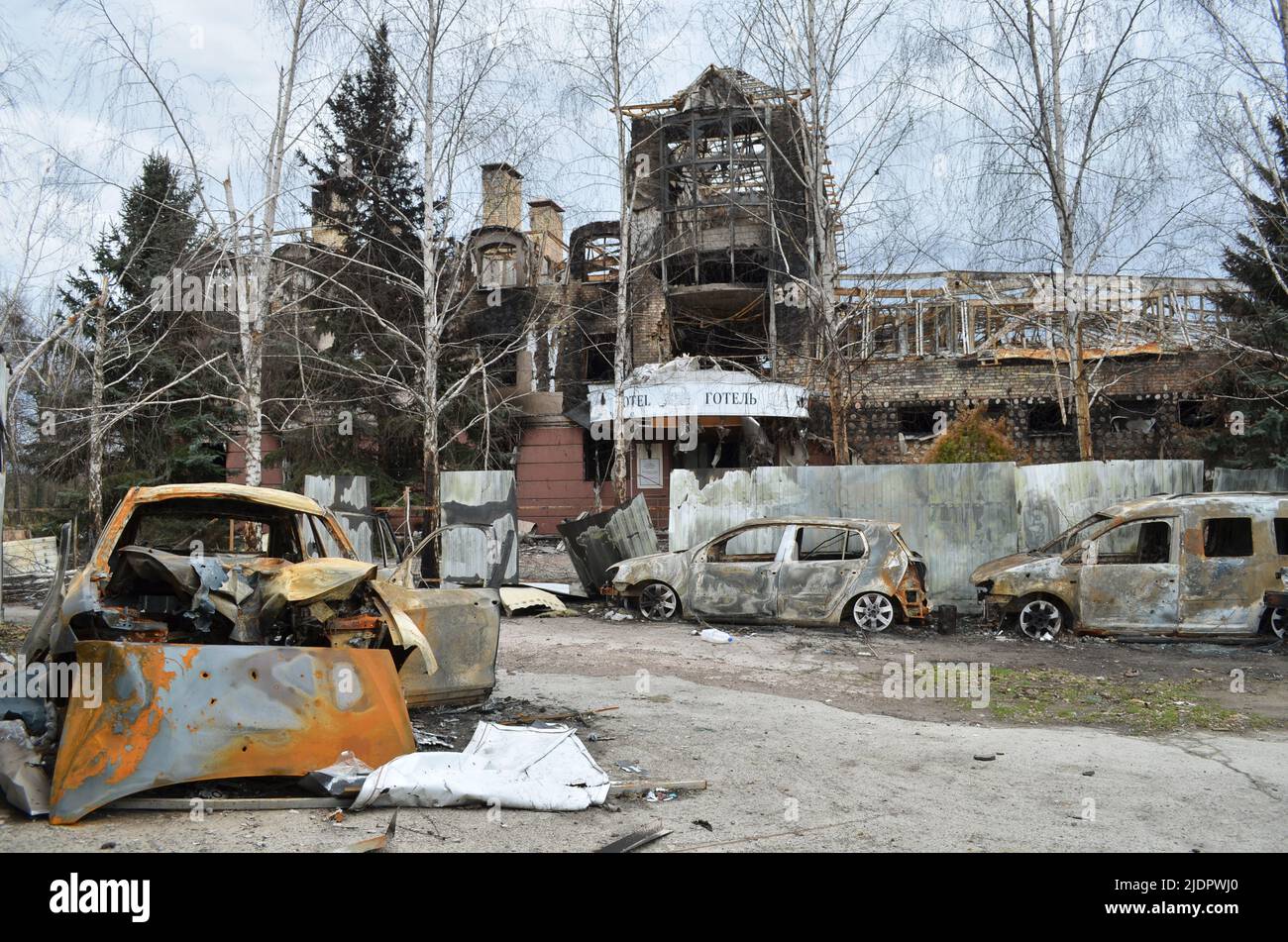 Mriya, Kyiv region, Ukraine - Apr 11, 2022: Completely destroyed hotel ...