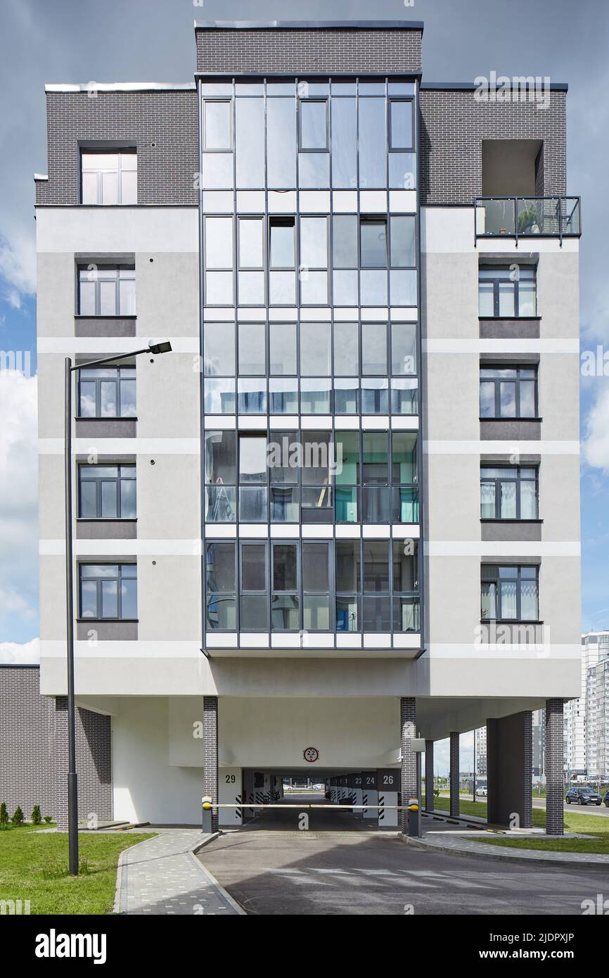 New modern block of flats in green area. residential apartment with ...